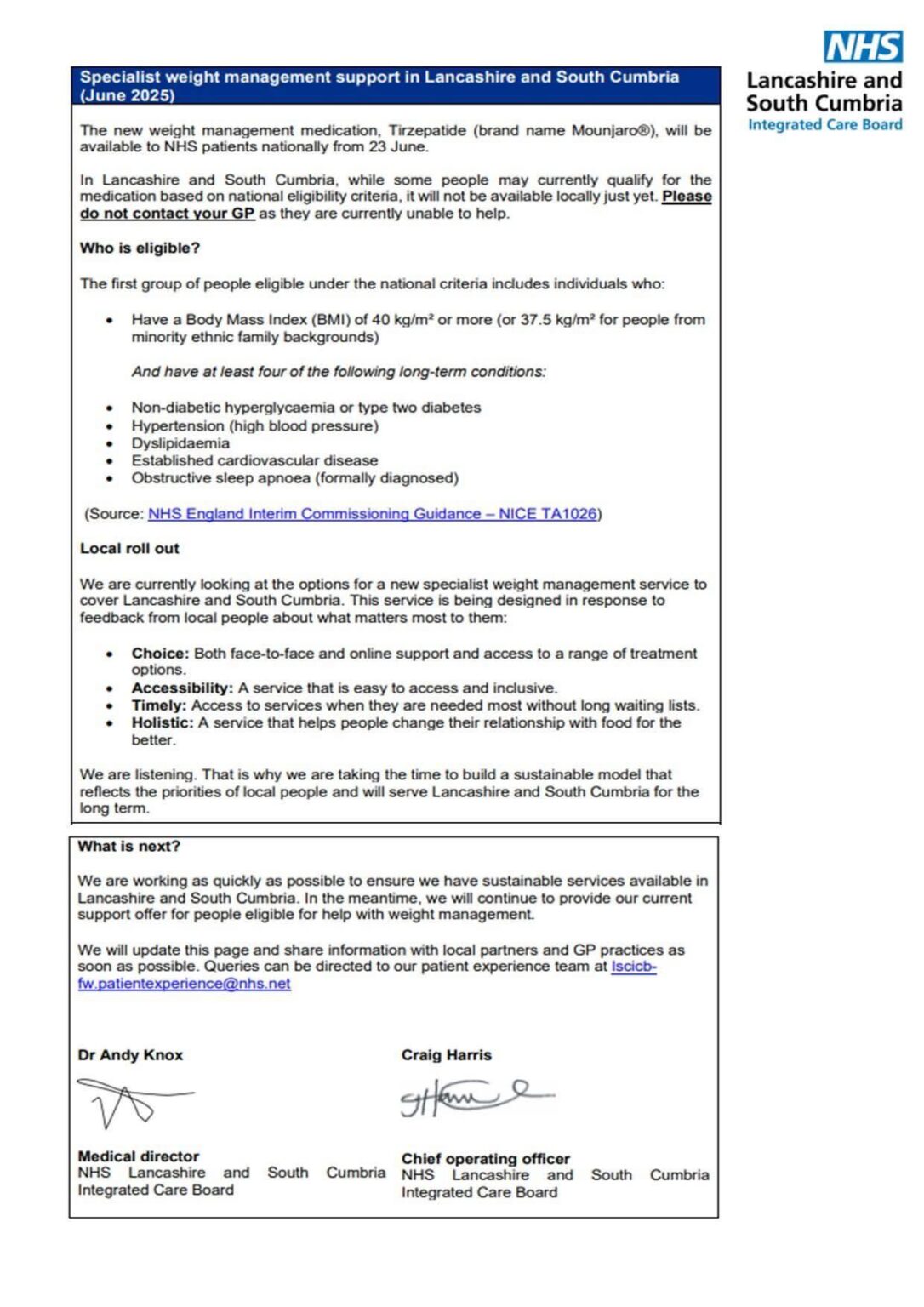 Update on Prescribing of Mounjaro® in primary care - Limefield Surgery